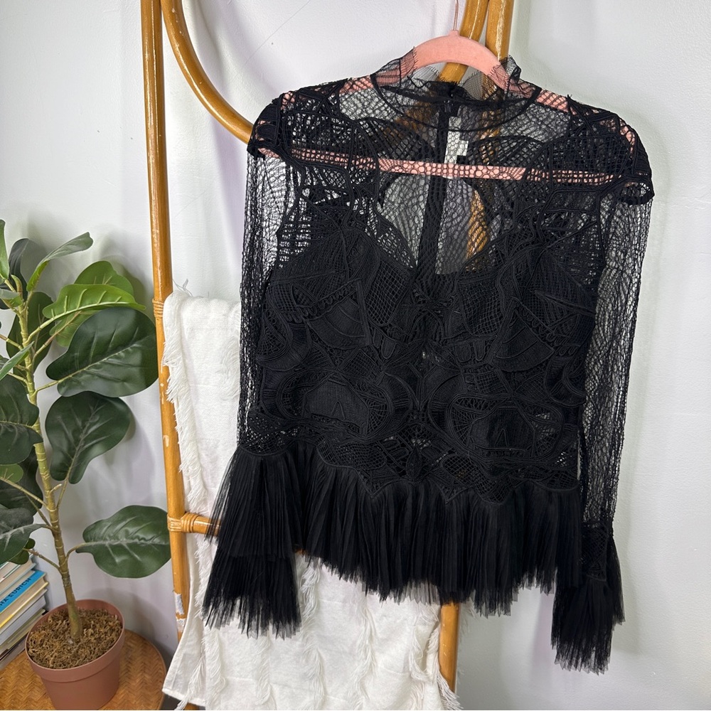 Jonathan Simkhai Black Tulle Lace Long Sleeve Top Sz … - Gem
